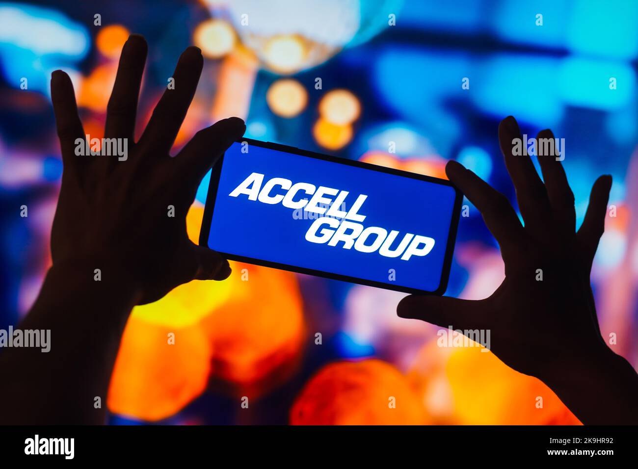 In this photo illustration, the Accell Group logo is displayed on a smartphone screen Stock ...