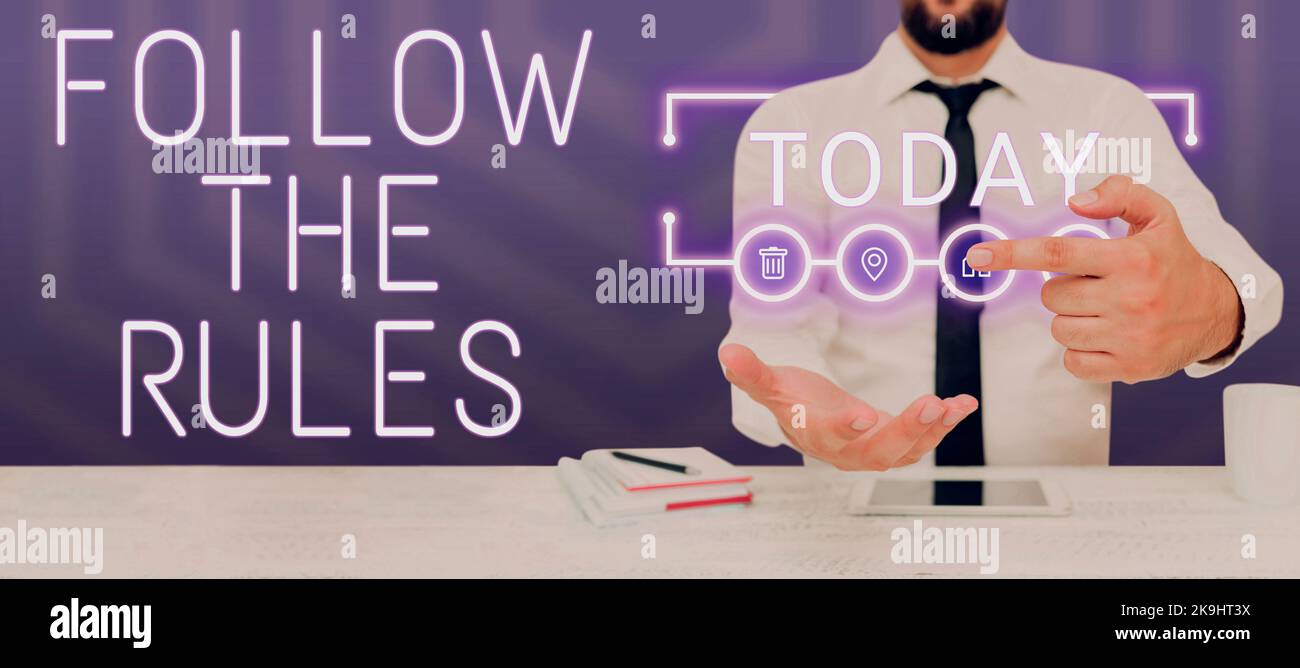 Text showing inspiration Follow The Rules. Word Written on learn to ...