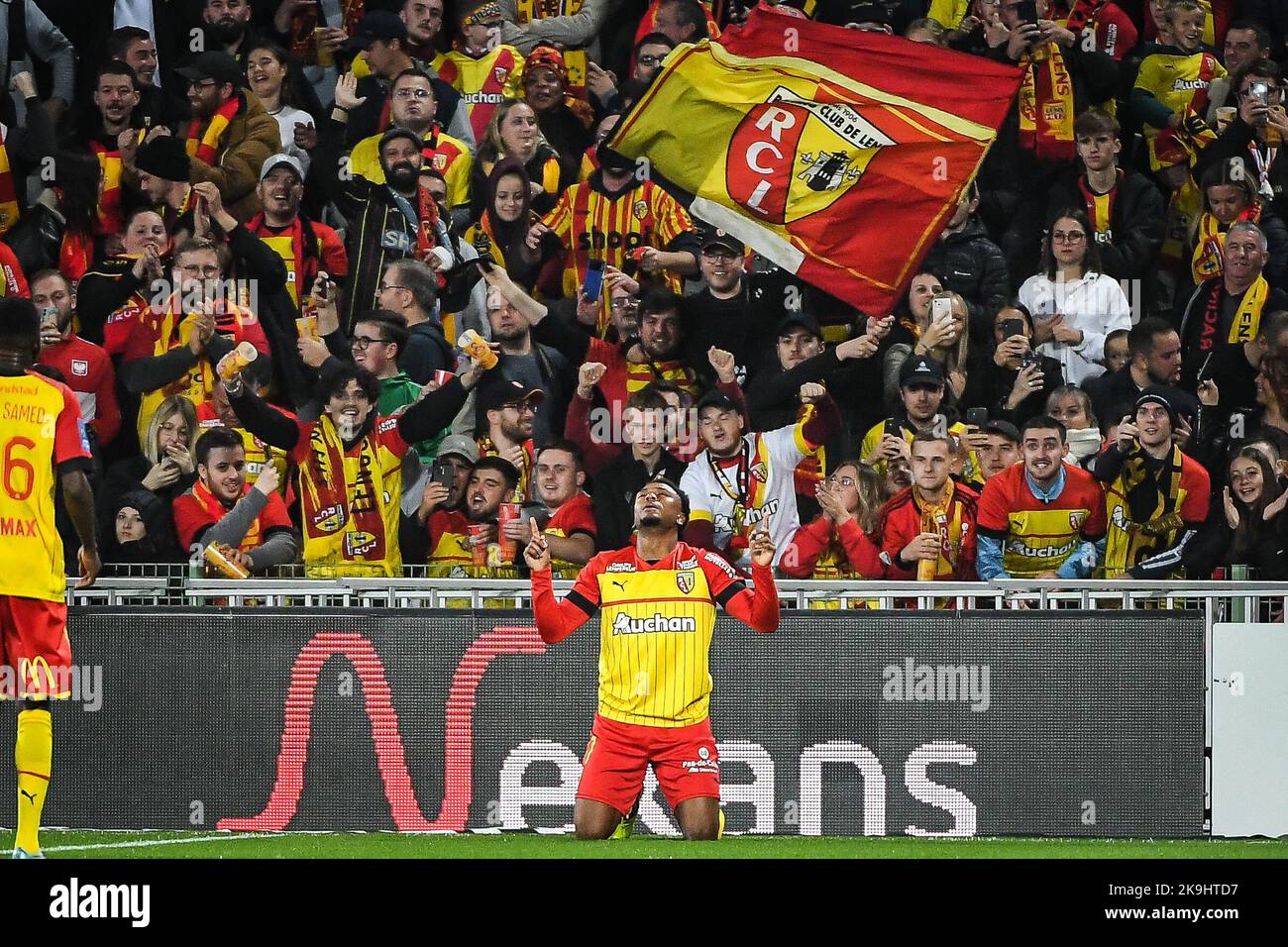 Lens, France. 28th Oct, 2022. Lois OPENDA of Lens celebrates his goal ...