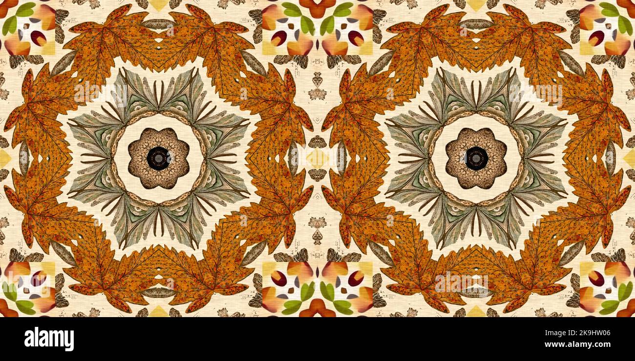 Autumn leaves woodland seamless border. Brown retro kaleidoscopic ...