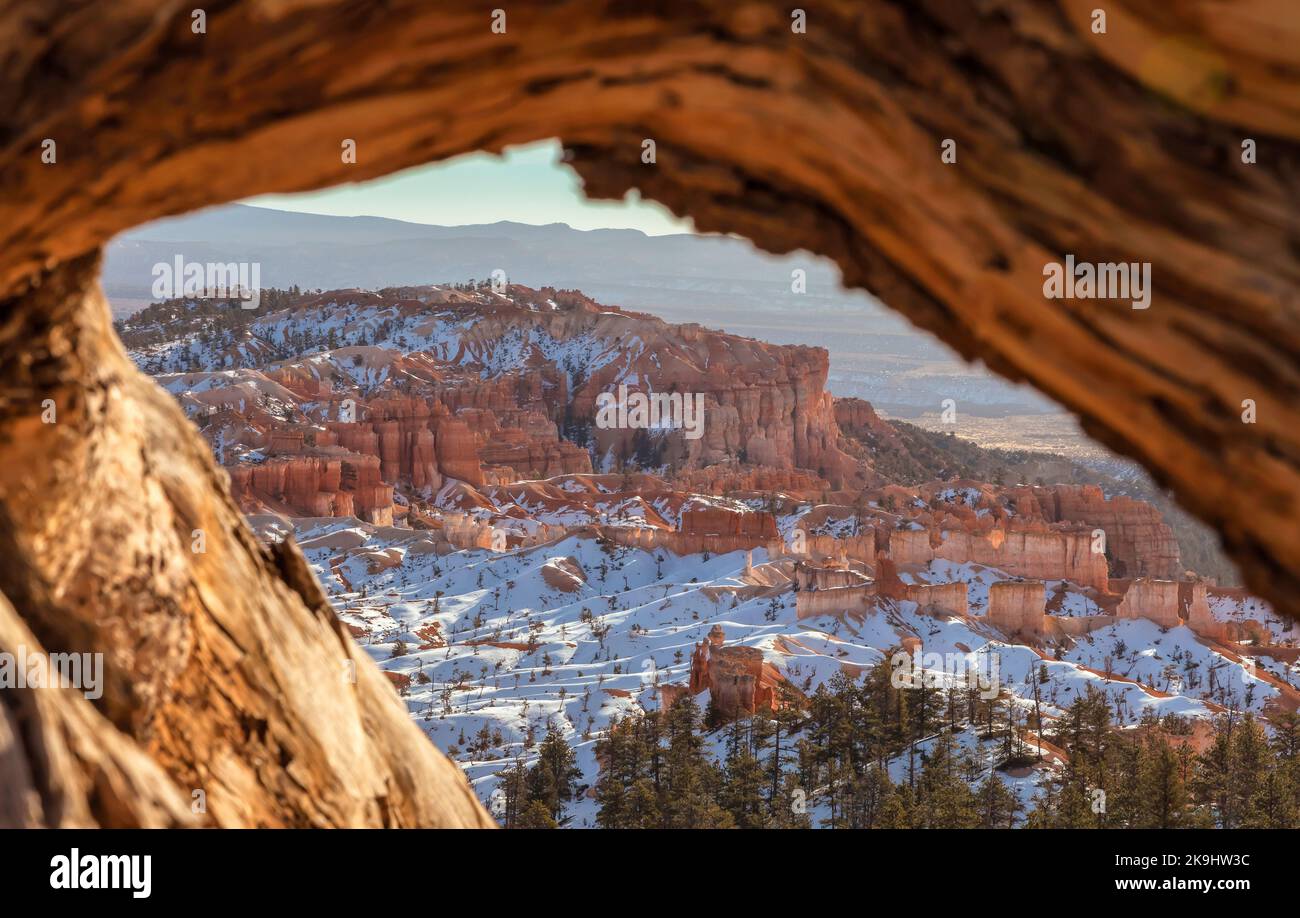 A stunning view of Bryce Canyon National Park dusted with snow is ...