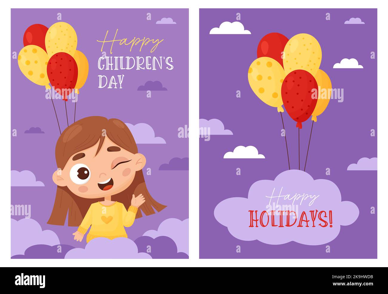 Set holiday cards Happy Childrens Day. Cute winking girl with balloons ...