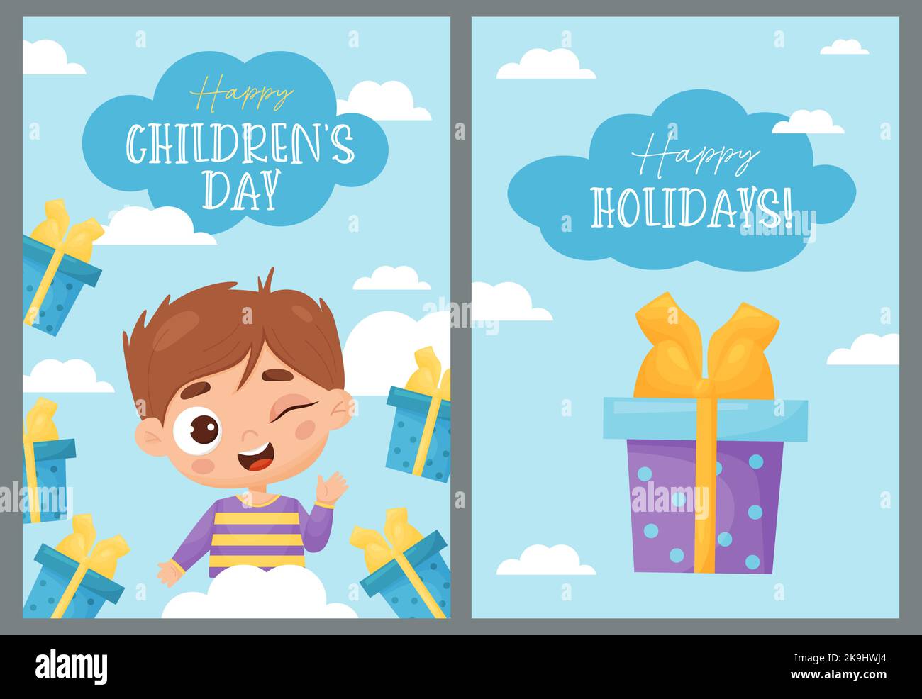 Set holiday kids posters Happy Childrens Day. Cute winking boy with ...