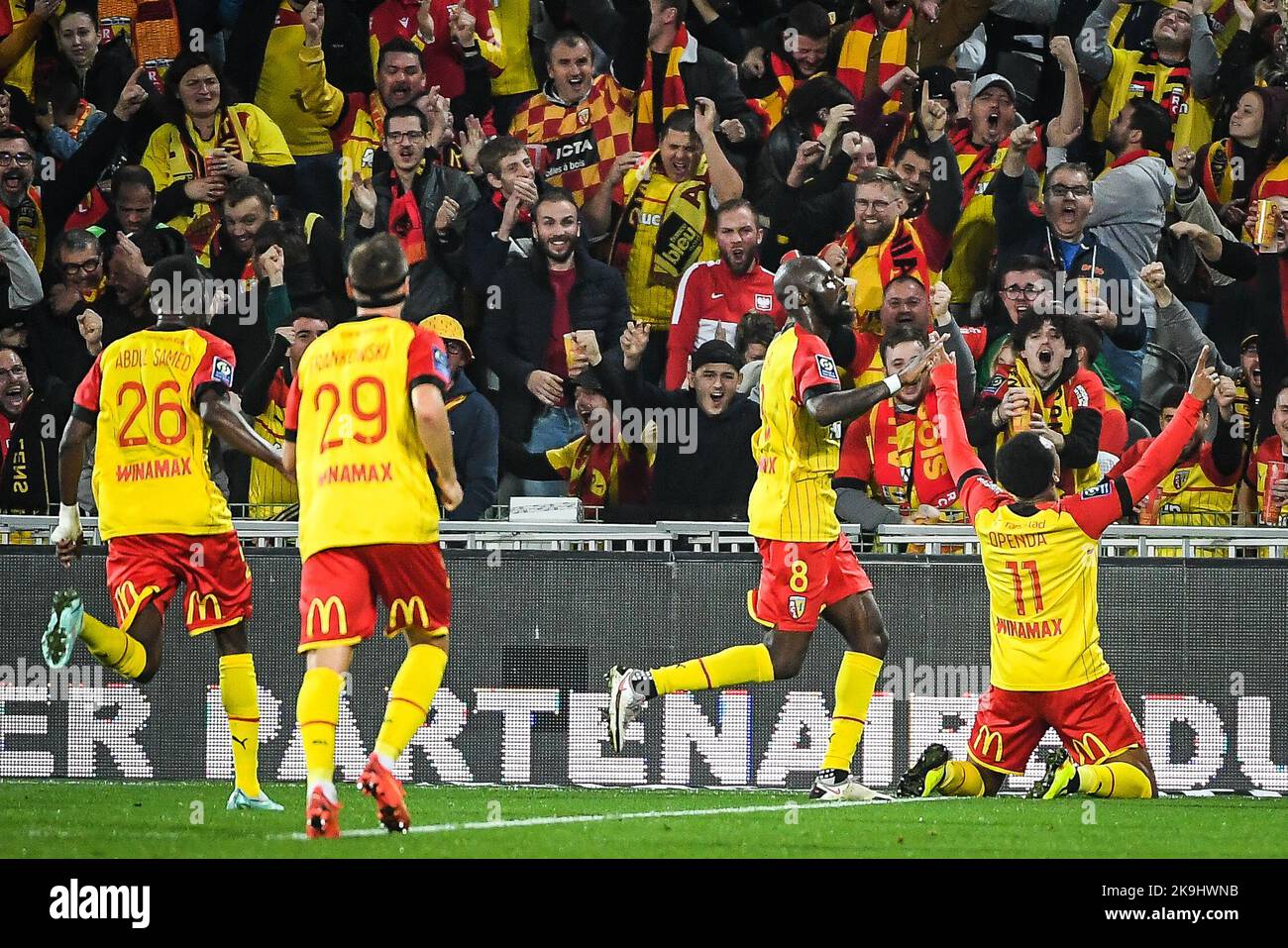 Lens, France. 28th Oct, 2022. Lois OPENDA of Lens celebrate his goal ...