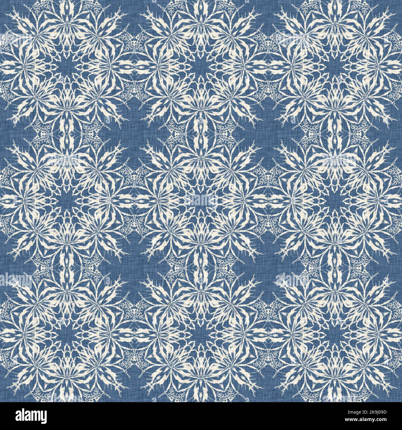 Farmhouse blue snow flake pattern background. Frosty batik damask ...