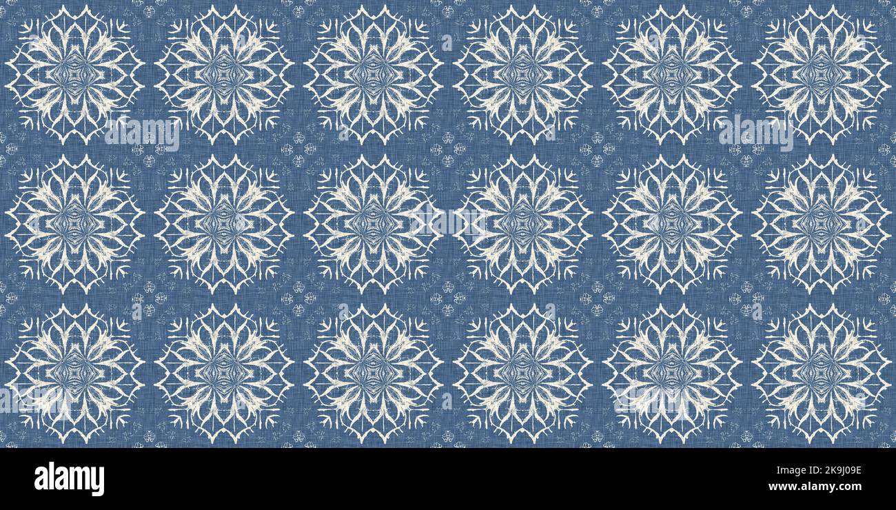 Farmhouse blue snow flake border background. Frosty damask french ...