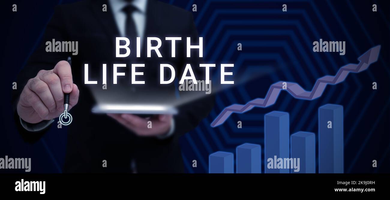 Hand writing sign Birth Life Date. Internet Concept Make a movement do ...