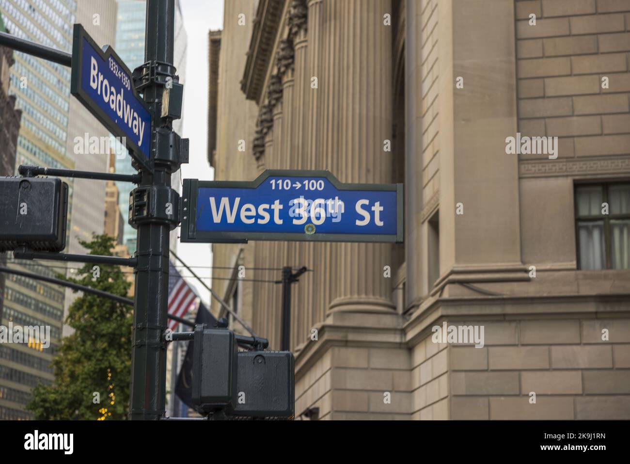 Close up view of blue road sign direction West 36th street and Broadway ...