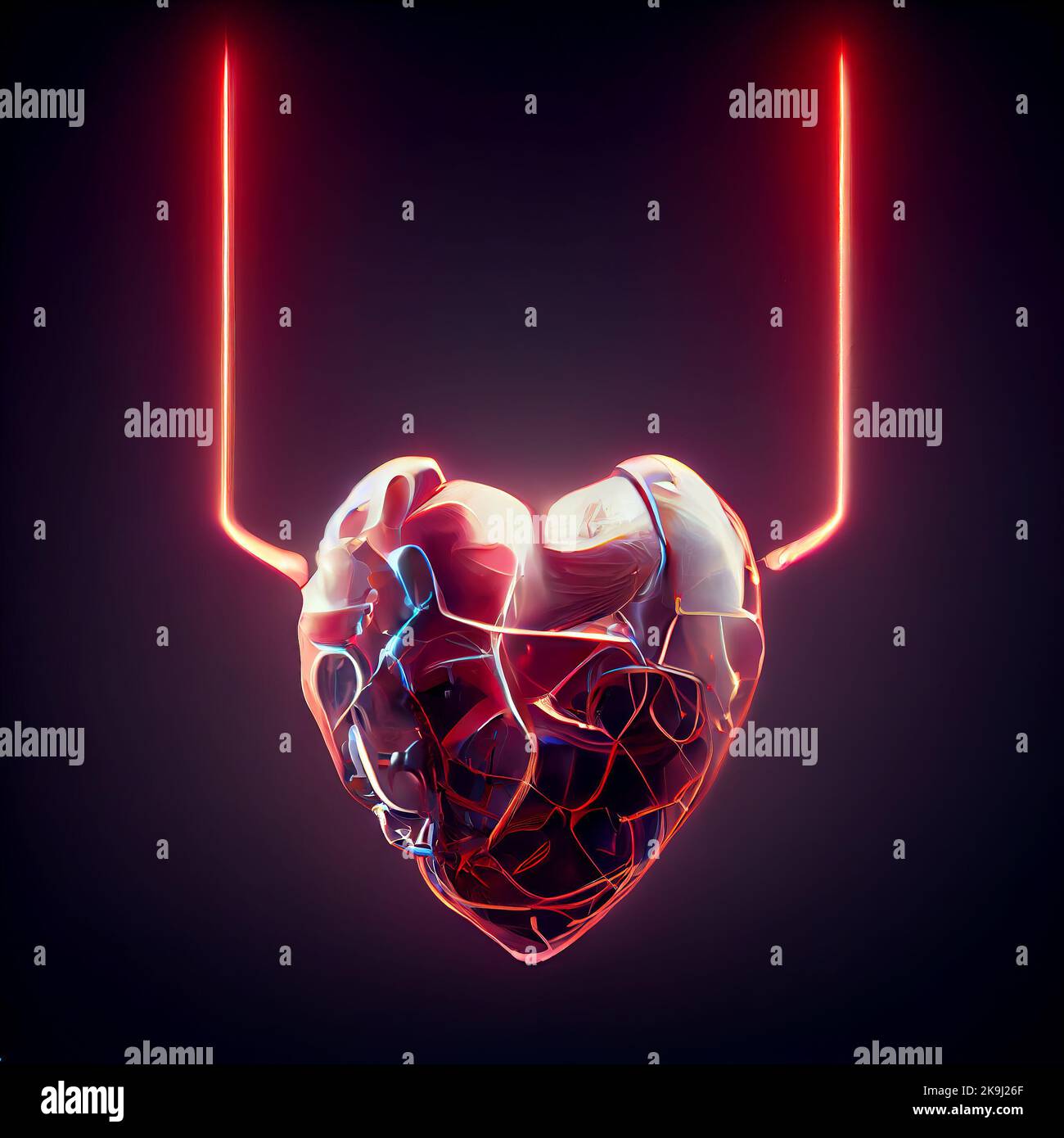 Glowing cyber heart. Neon cybernetic heart. 3D Digital illustration ...