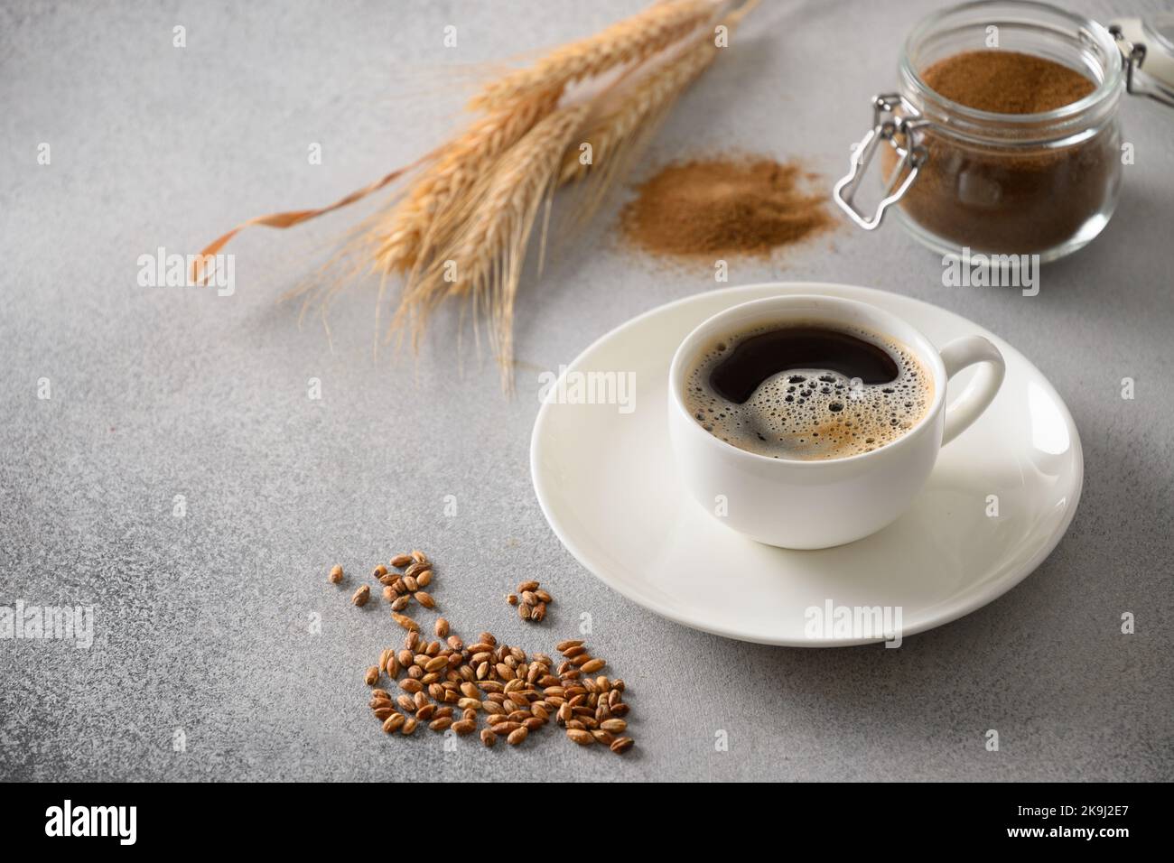 Barley coffee in white cup, beans and ears of barley on gray background ...