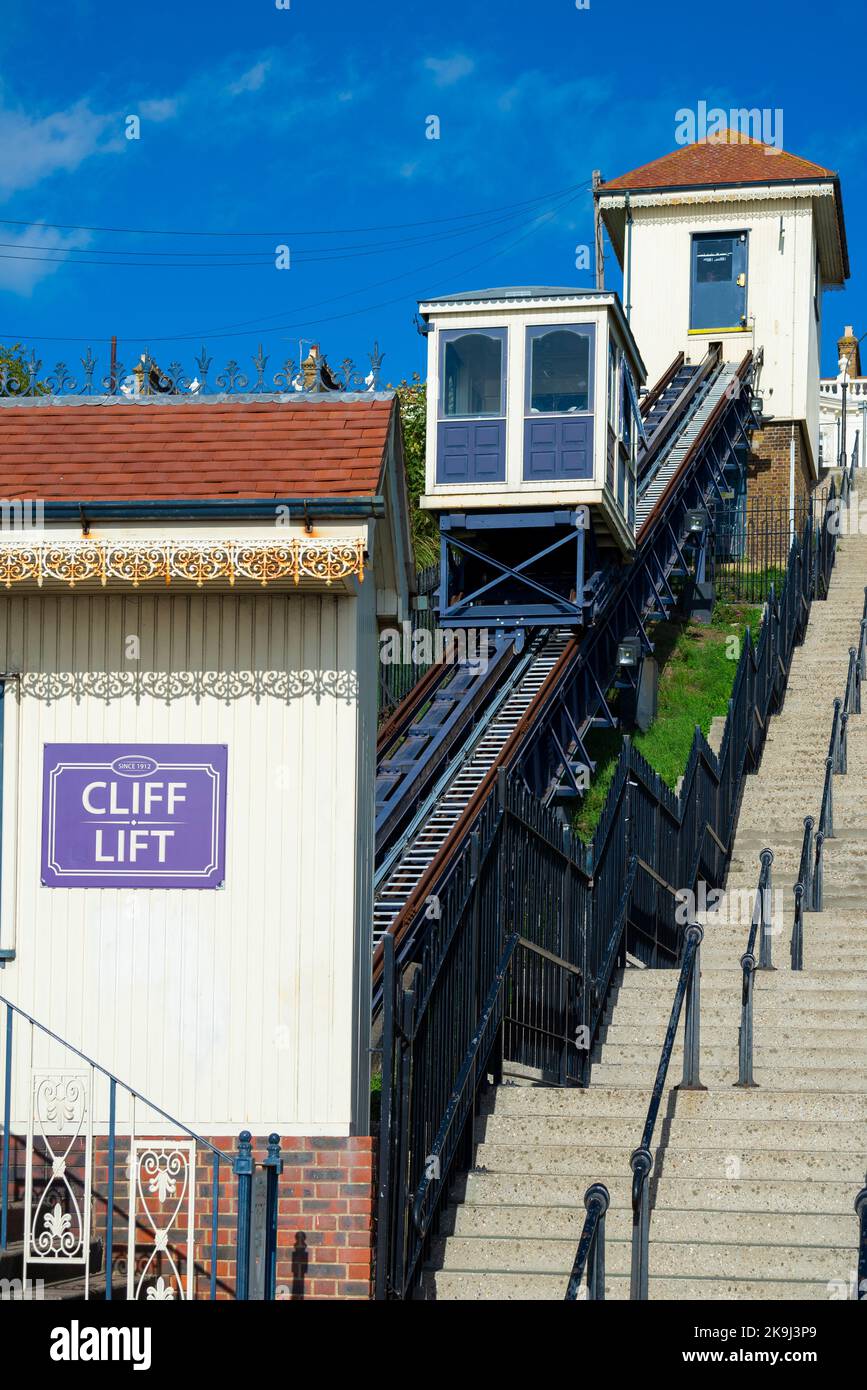 Cliff Lift at Southend on Sea, Essex, seafront on a sunny day. Historic ...