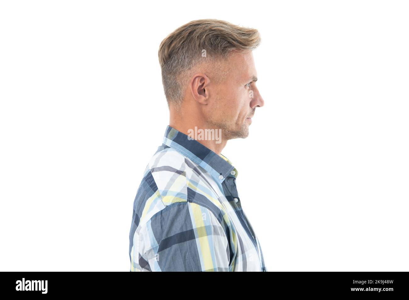 profile of grizzled man in checkered shirt. unshaven man skincare ...