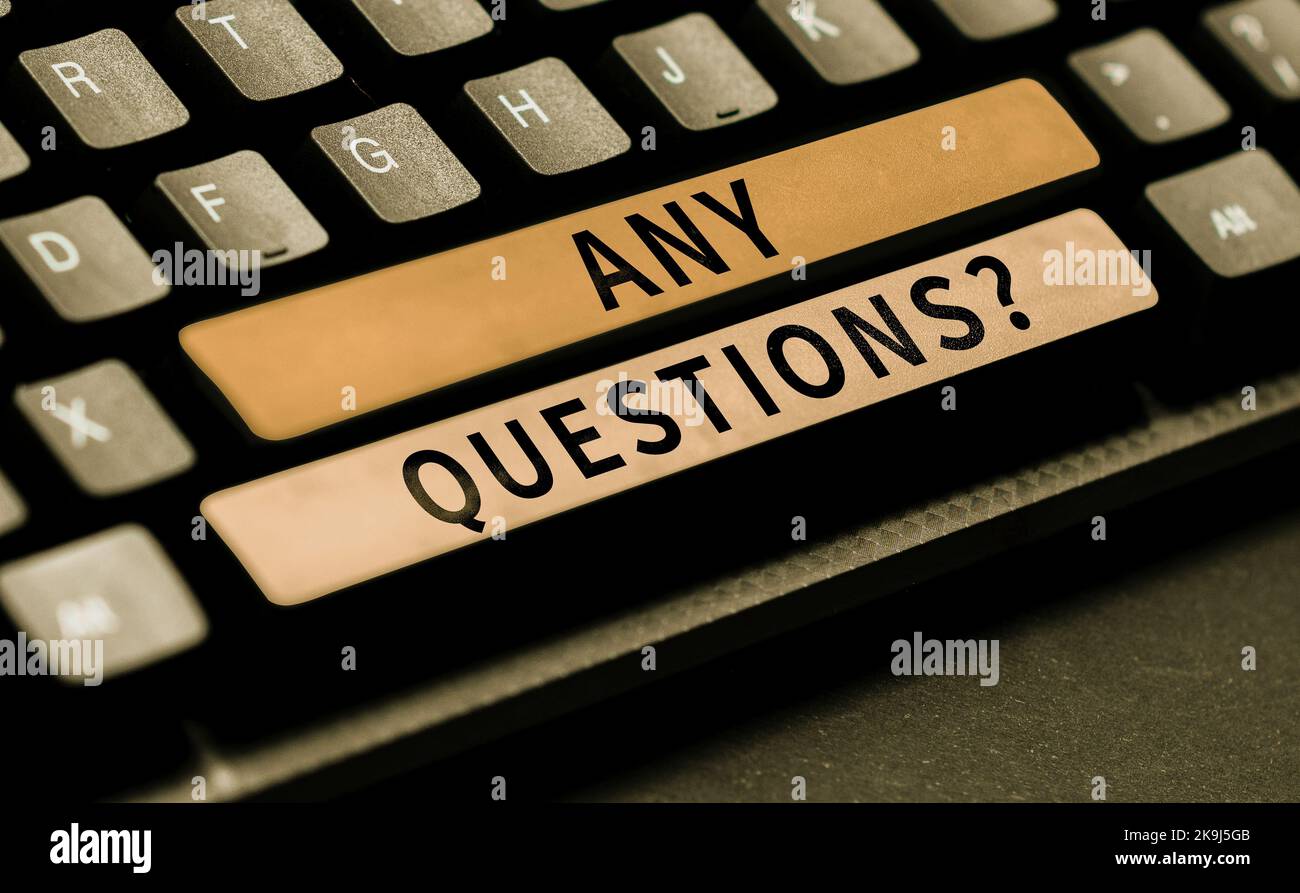 Hand writing sign Any Questions Question. Word for Allowing any ...