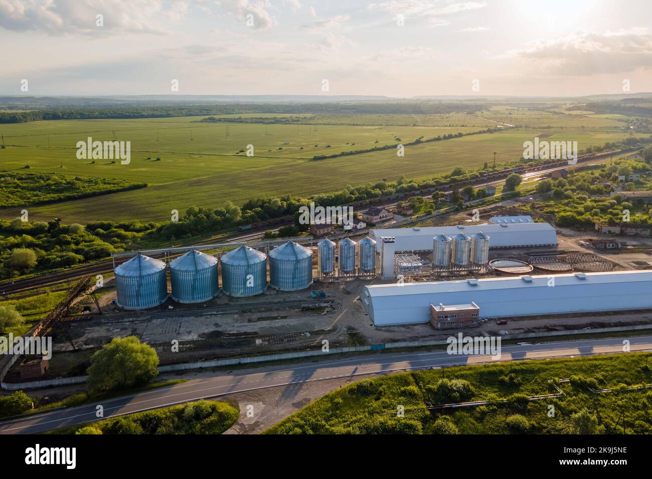 Aerial view of industrial ventilated silos for long term storage of ...