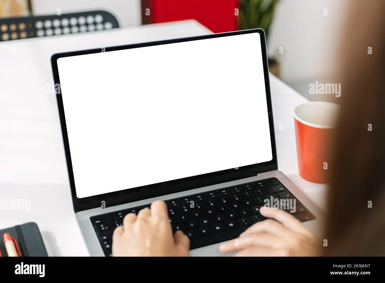 Mock up image of young business woman working on laptop with blank ...