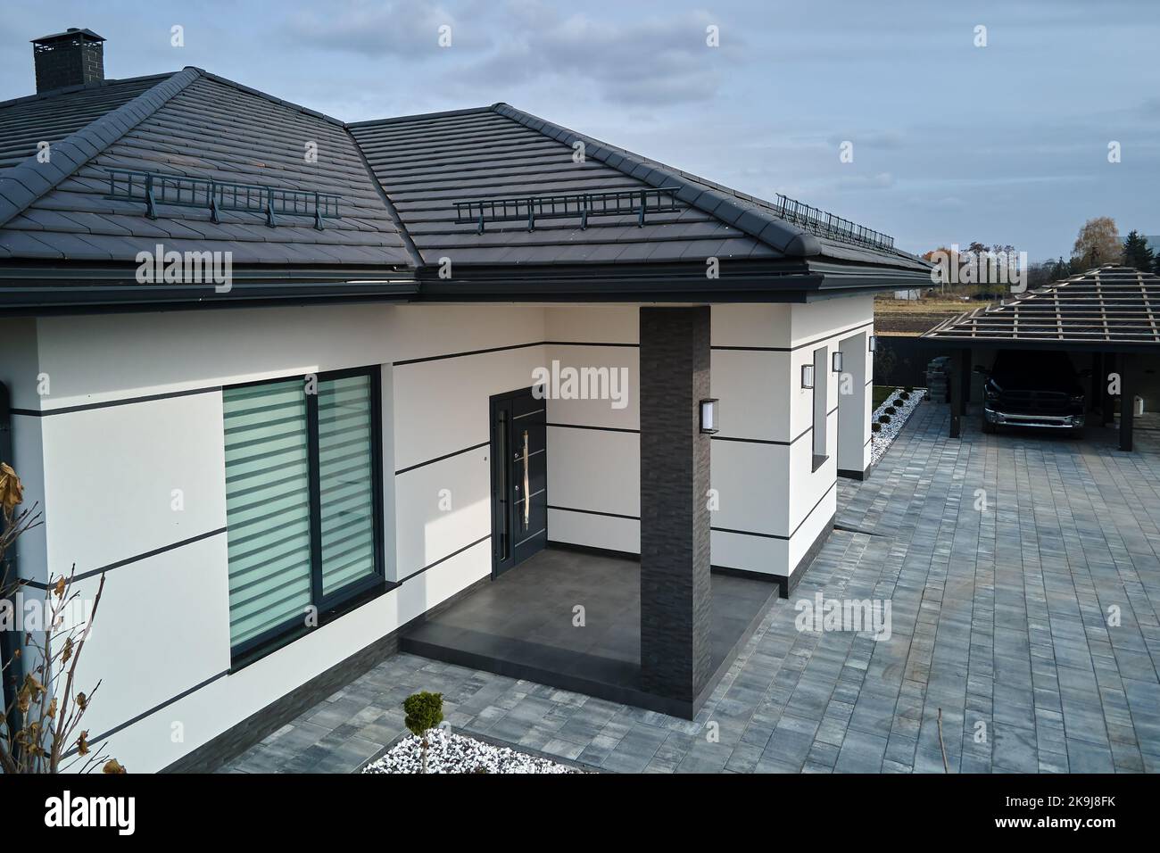 New residential house cottage and attached garage with big paved fenced ...