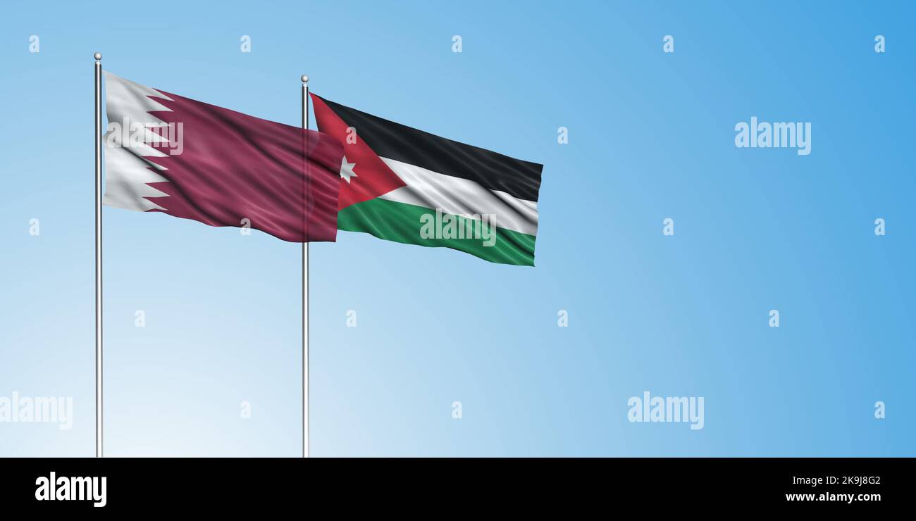 Qatar Flag with Jordan Flag, 3D rendering with blue sky Stock Photo - Alamy