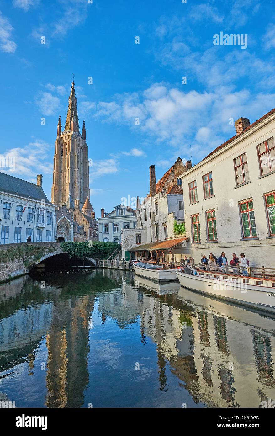Canal scene on De Drijver canal in central Bruges, Belgium with boats ...