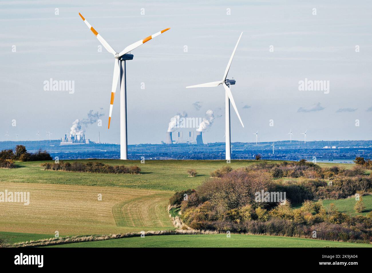 Mechernich, Germany, October 26, 2022: two wind turbines on rural hills ...