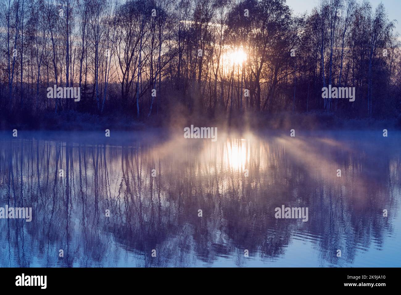 Fog above the lake at cold autumn morning Stock Photo - Alamy