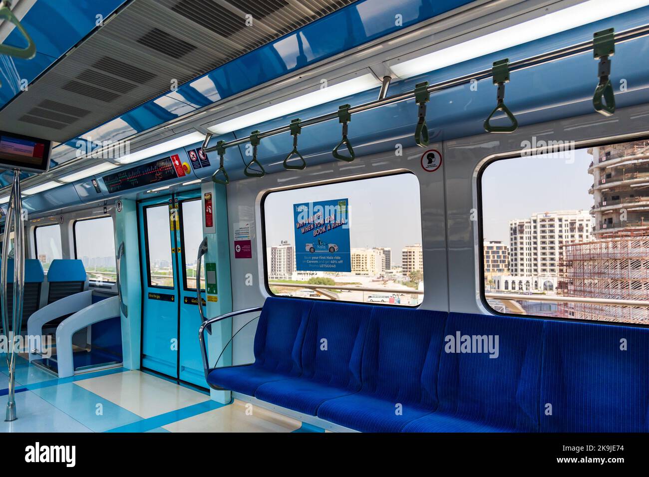 Dubai, UAE - October 2022: Dubai Metro train carriage. Dubai Metro is a ...