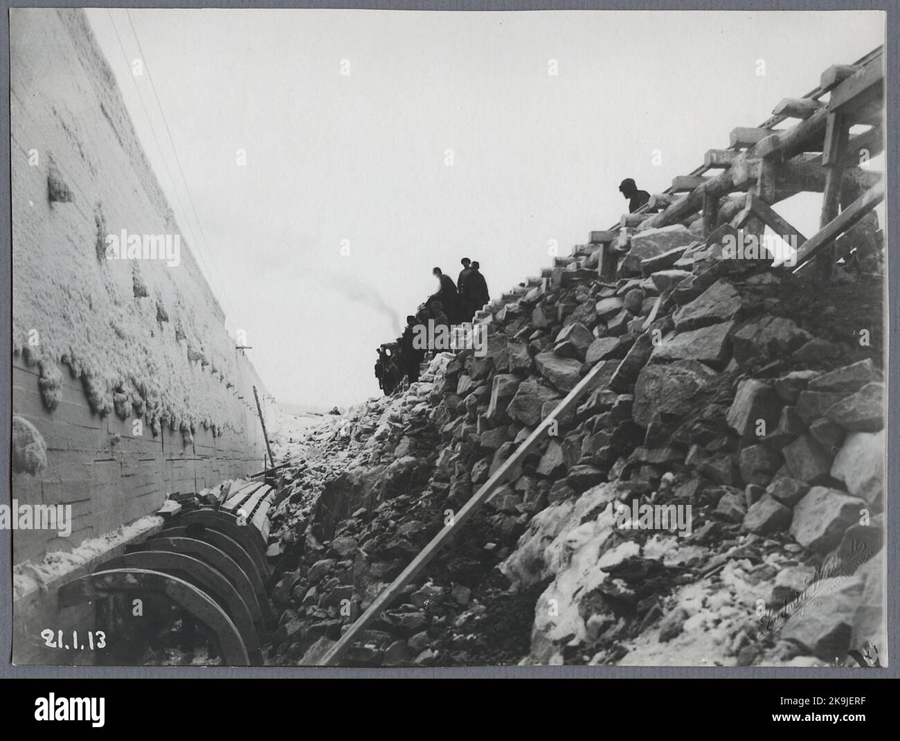 Porjus power plant during construction at Stora Lule River. Stone ...