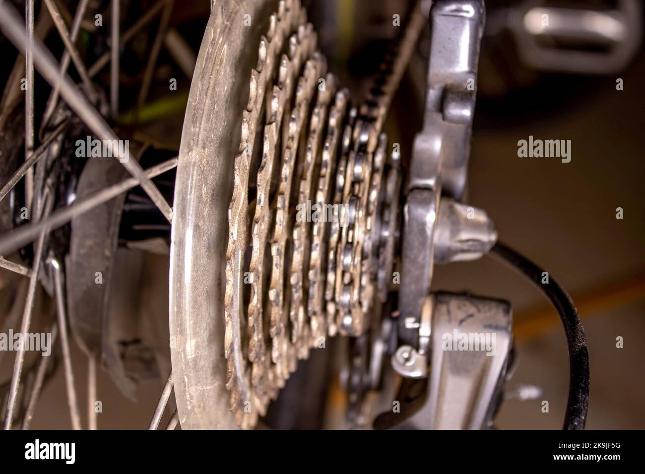 dirty, dusty bike gear shift star close-up. Horizontal photo Stock ...