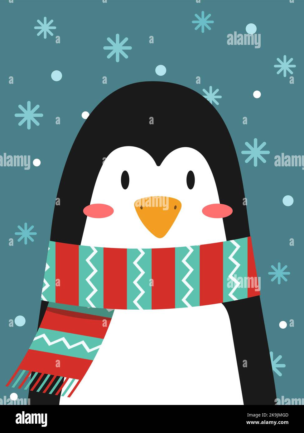 New Year card. Cute penguin in a striped scarf. Vector illustration ...