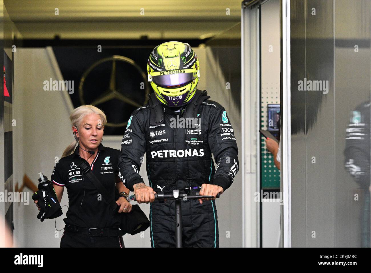Mexico City. 28th Oct, 2022. Mercedes' British driver Lewis Hamilton (R ...