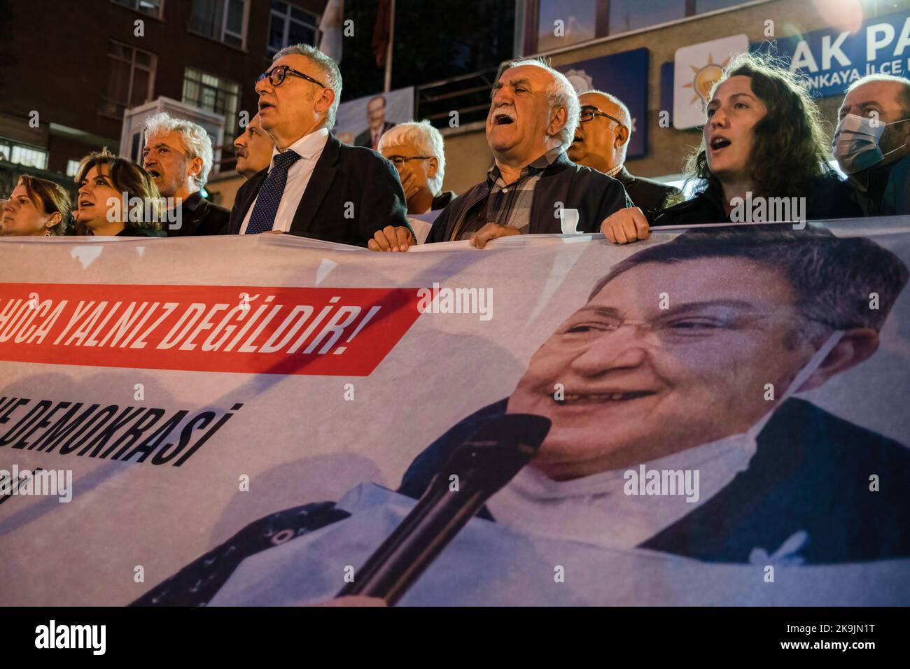 Demonstrators hold a banner with a photo of Sebnem Korur Fincanci with ...