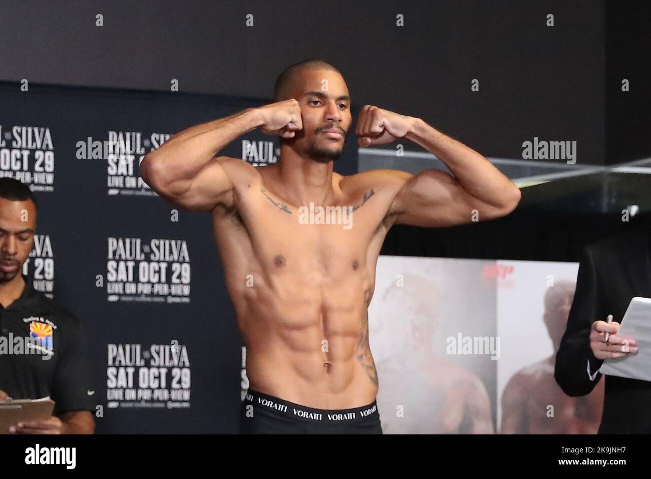 GLENDALE, AZ - OCTOBER 28: Boxer Eliezer Silva steps on the scale ...