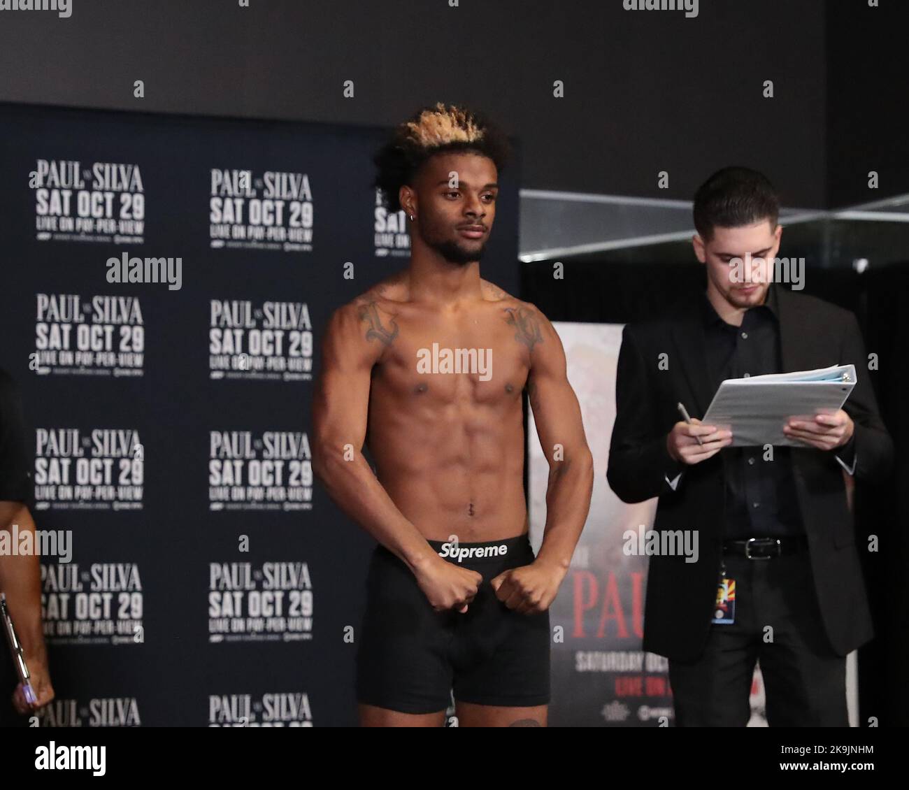 GLENDALE, AZ - OCTOBER 28: Boxer Ashotn Sylve steps on the scale during the Official Weigh-Ins ...