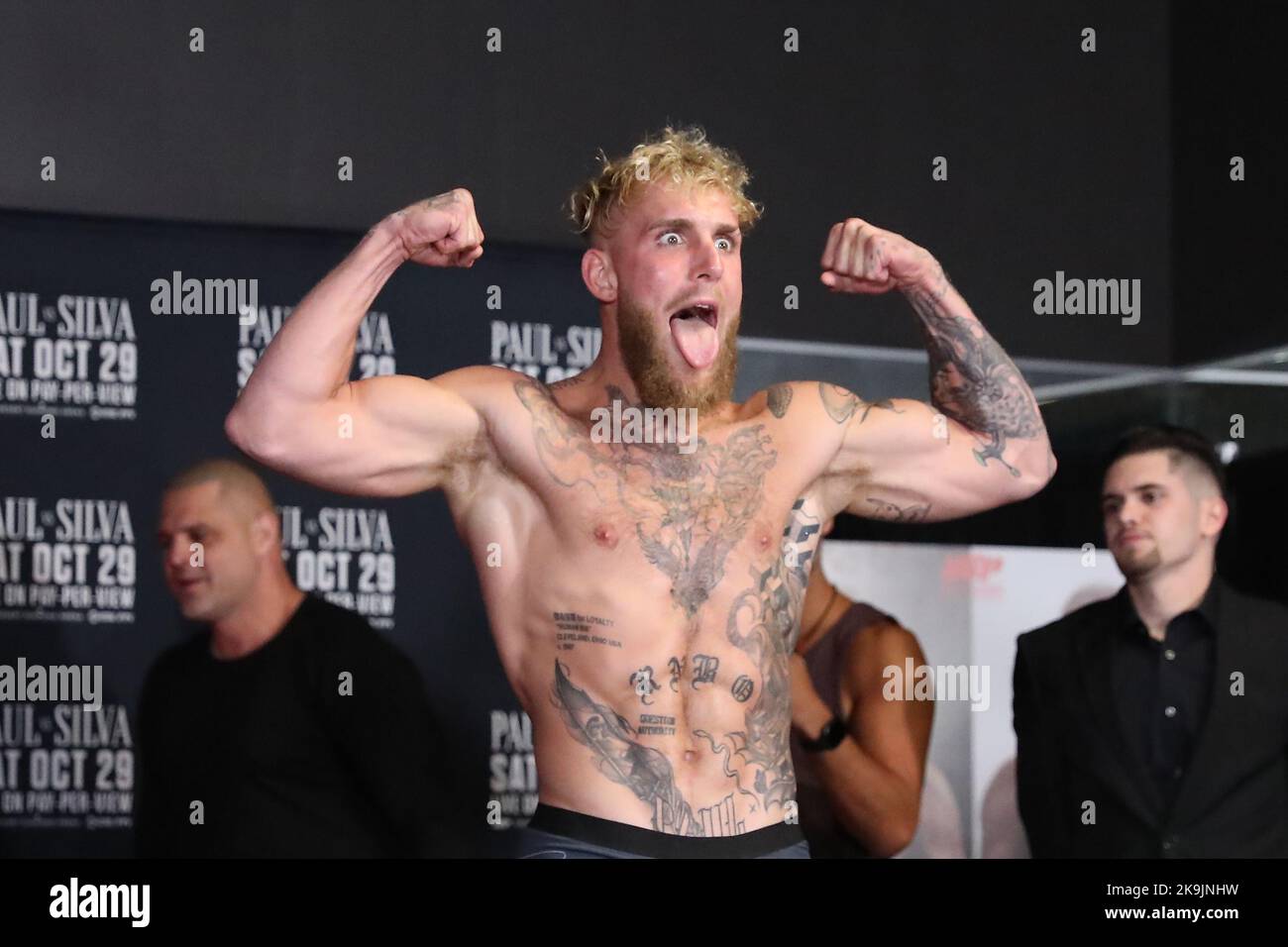 GLENDALE, AZ - OCTOBER 28: Boxer Jake Paul steps on the scale during the Official Weigh-Ins for ...