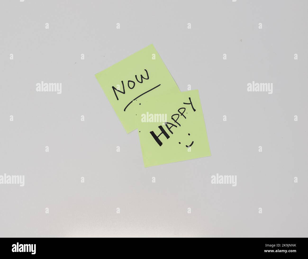 Sticky notes with the text NOW and HAPPY on white isolated background ...