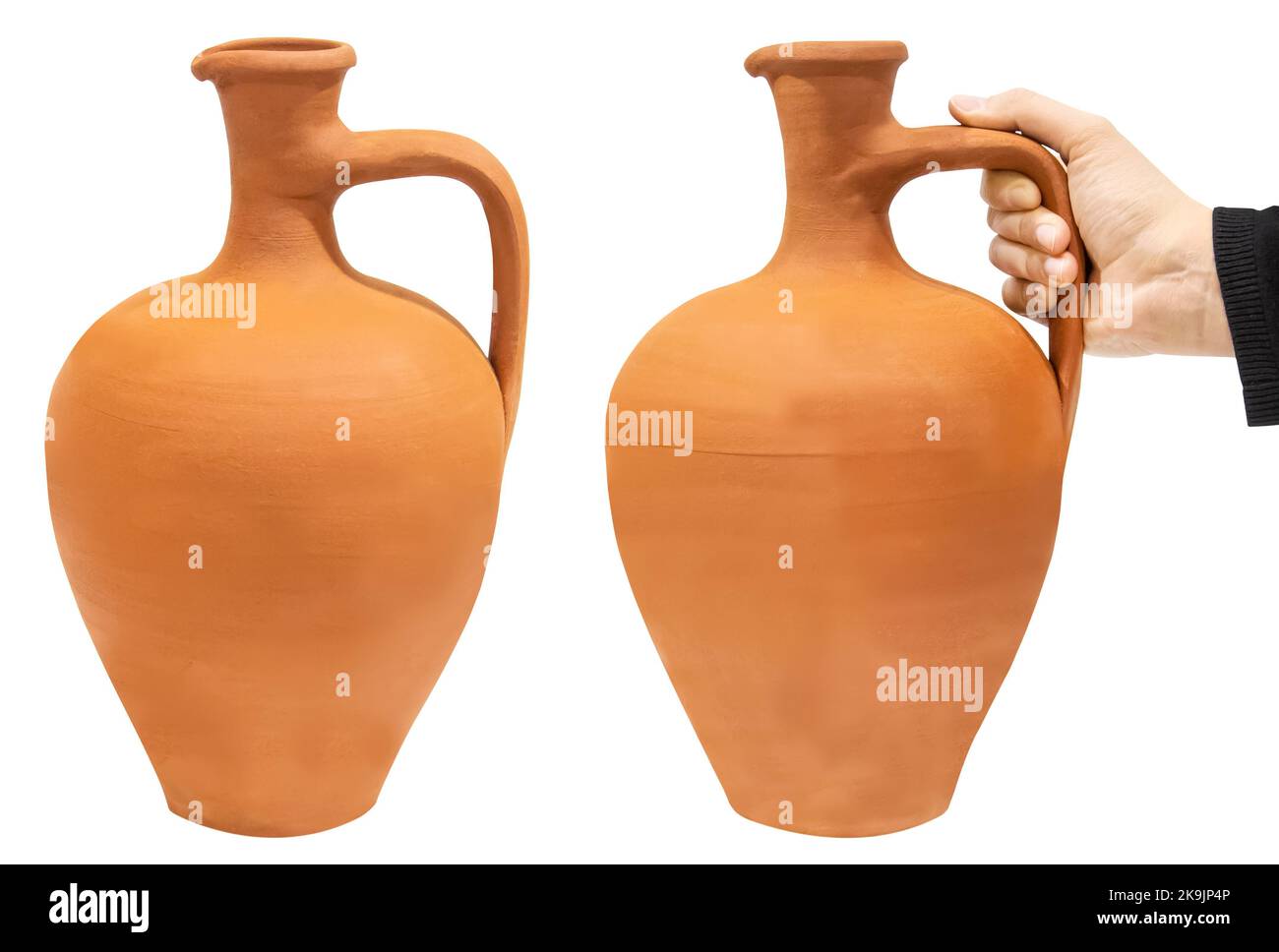 Clay jug in hand, isolated from the background Stock Photo - Alamy