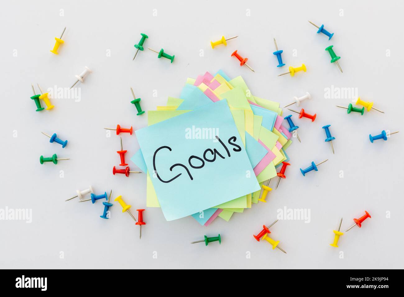 Goals memo hand written on a sticky note with white isolated background ...