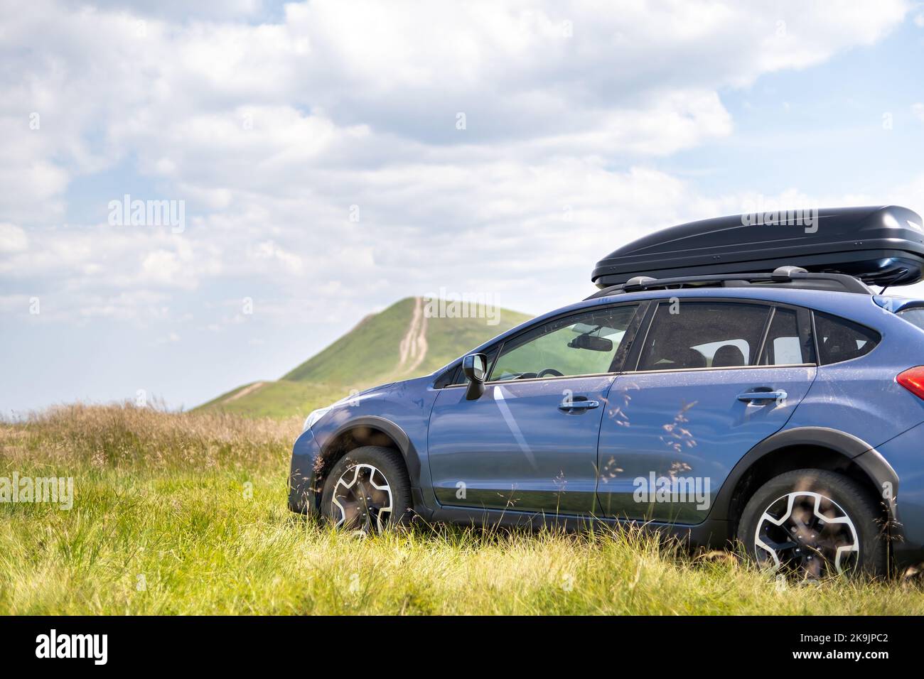 Blue off road car on mountain trail. Traveling by auto, adventure in ...