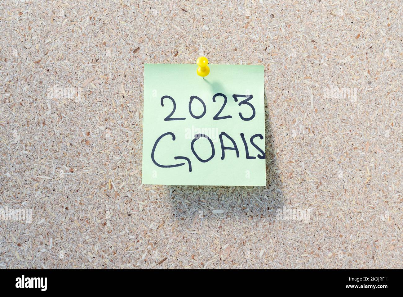 2023 goals hand written on a yellow memo note display on a notice board ...