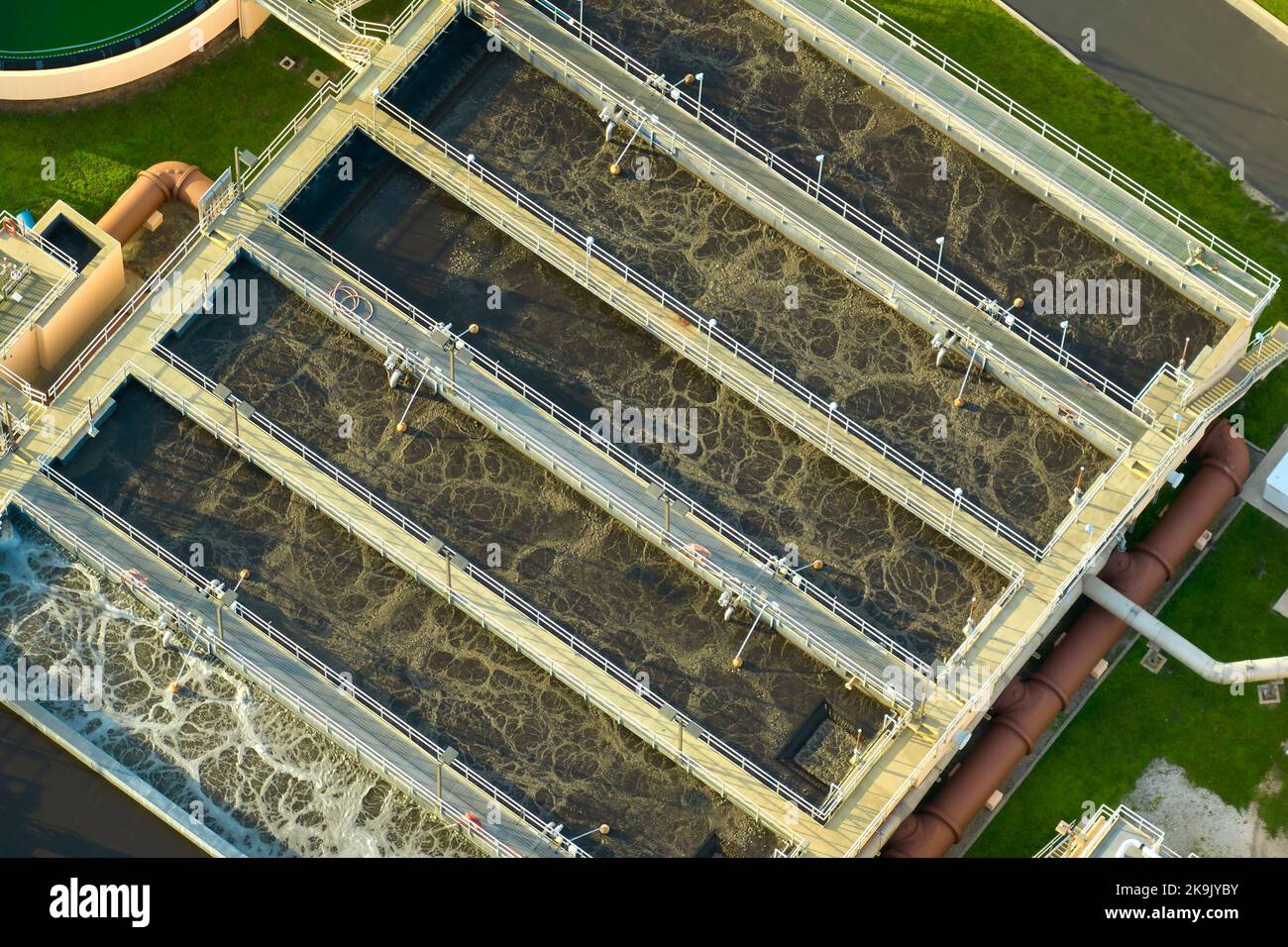 Aerial view of modern water cleaning facility at urban wastewater ...
