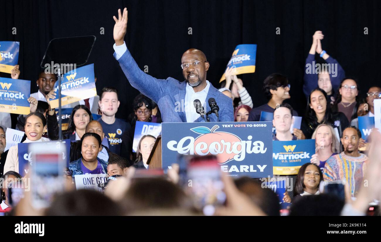 College Park, Georgia, USA. 28th Oct, 2022. Senator Raphael Warnock(D-GA) speaks to the audience ...
