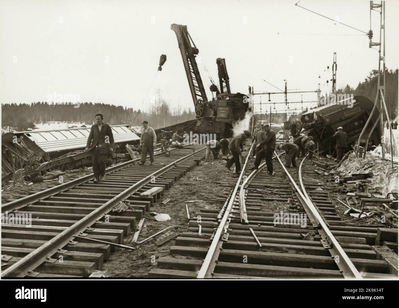 The State Railways, SJ A2 "Ånge" steam crane in work after derailment ...