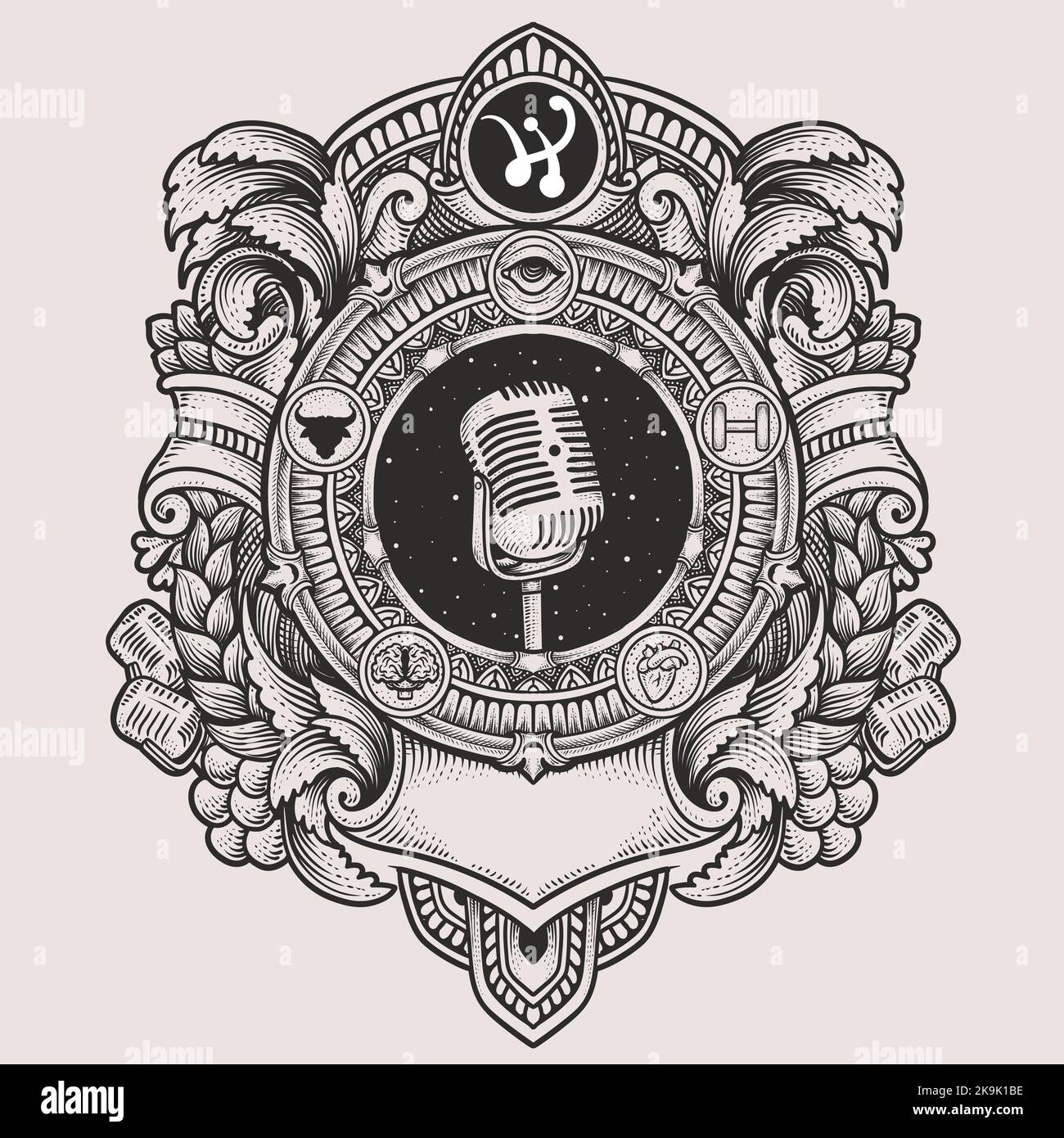 Illustration vintage microphone with antique engraving ornament frame ...