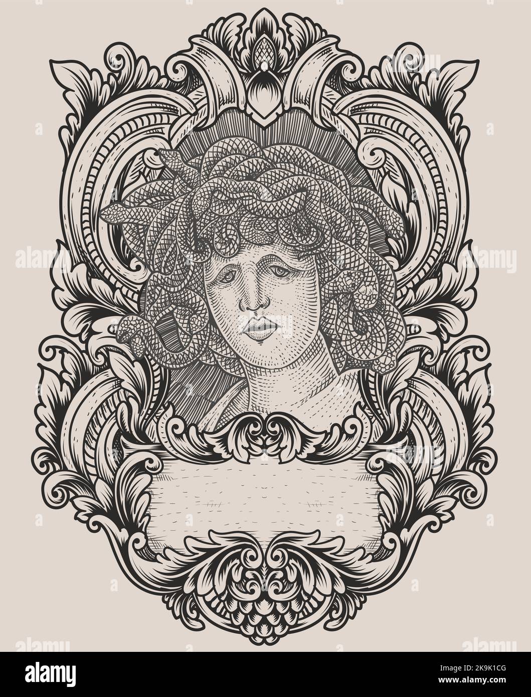 Illustration medusa head with engraving ornament frame Stock Vector ...