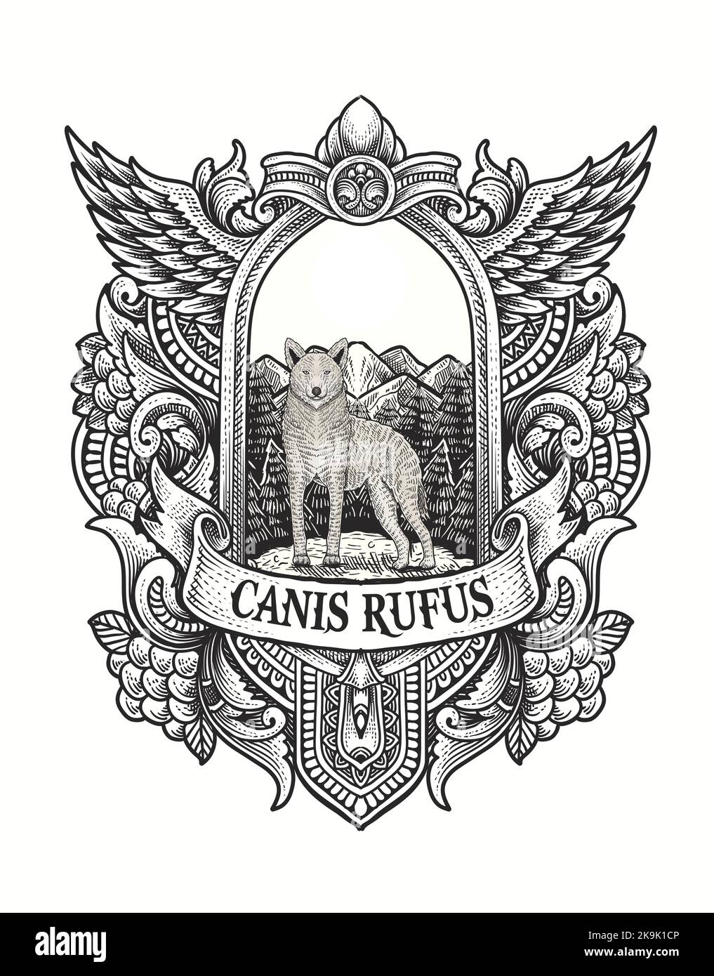 Illustration american red wolf with engraving ornament frame Stock ...
