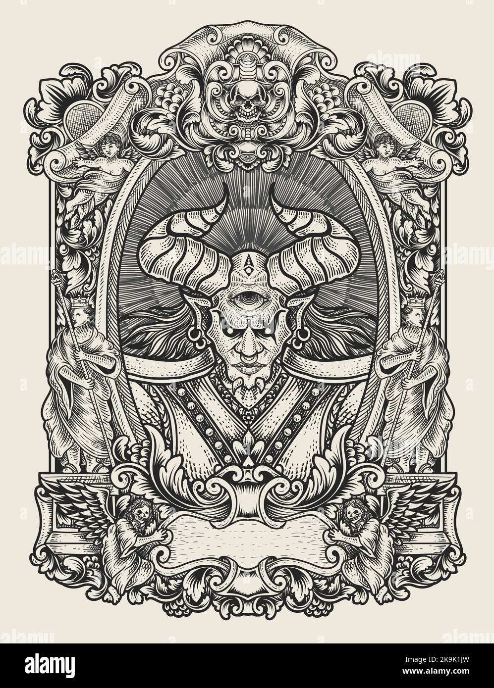 illustration badass demon with Engraving ornament Stock Vector Image ...