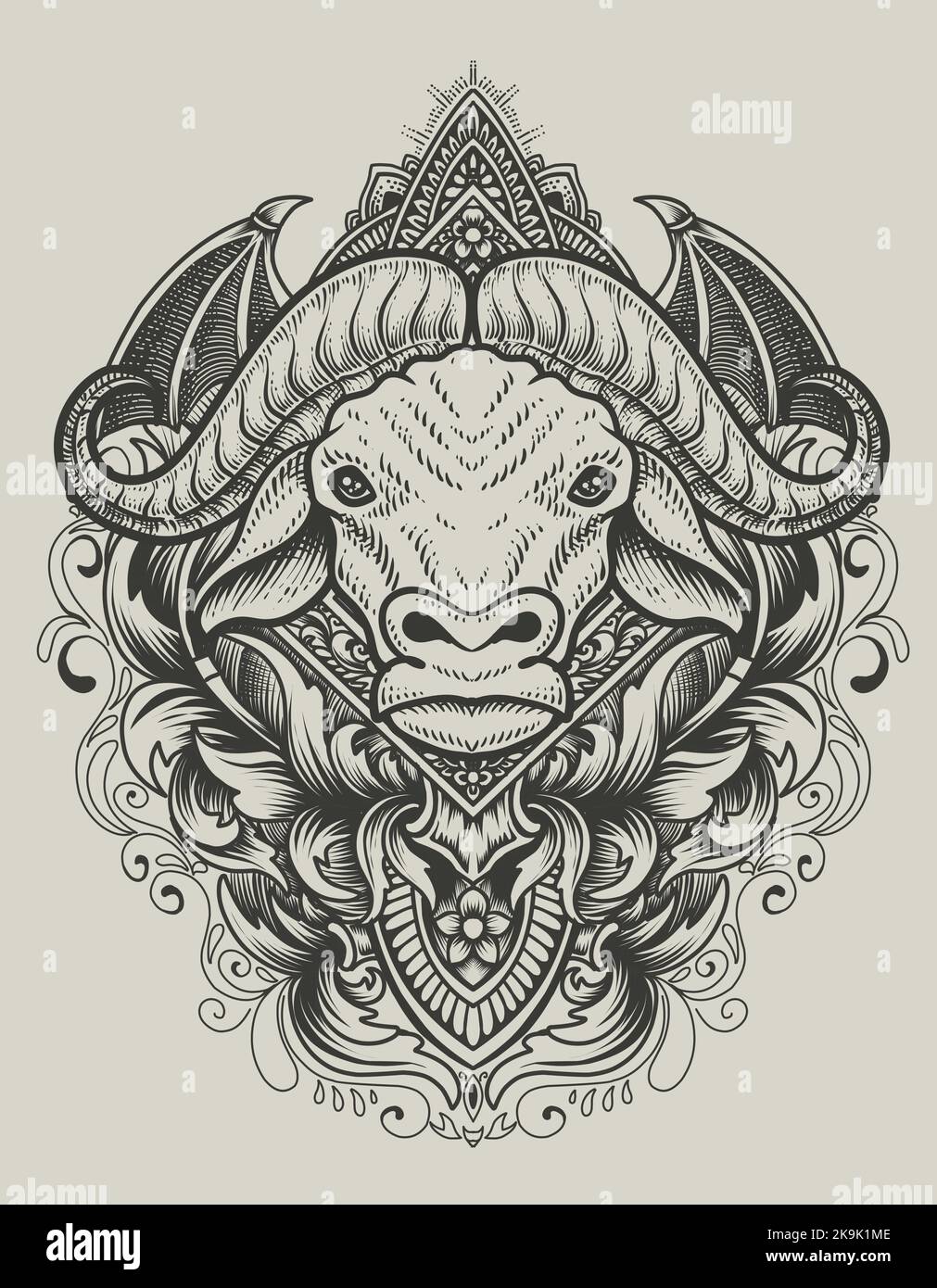 illustration buffalo head with engraving ornament Stock Vector Image ...
