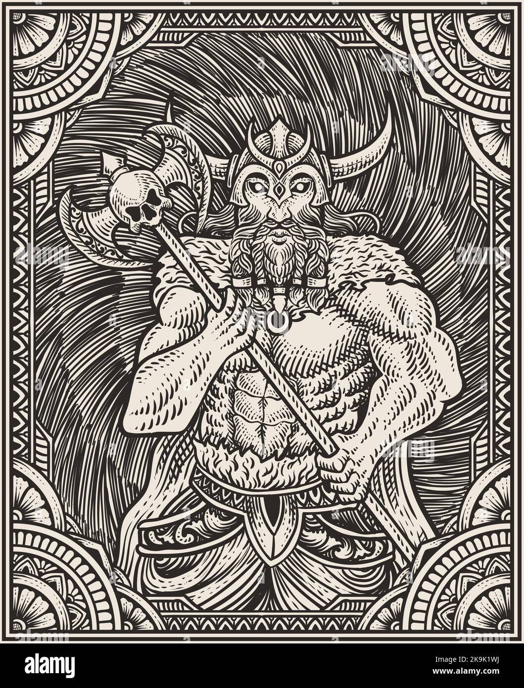 Illustration antique viking warriors with engraving ornament frame ...