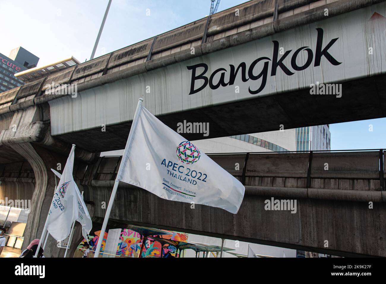 APEC 2022 flags seen at the Pathumwan Skywalk in Bangkok. The Asia ...