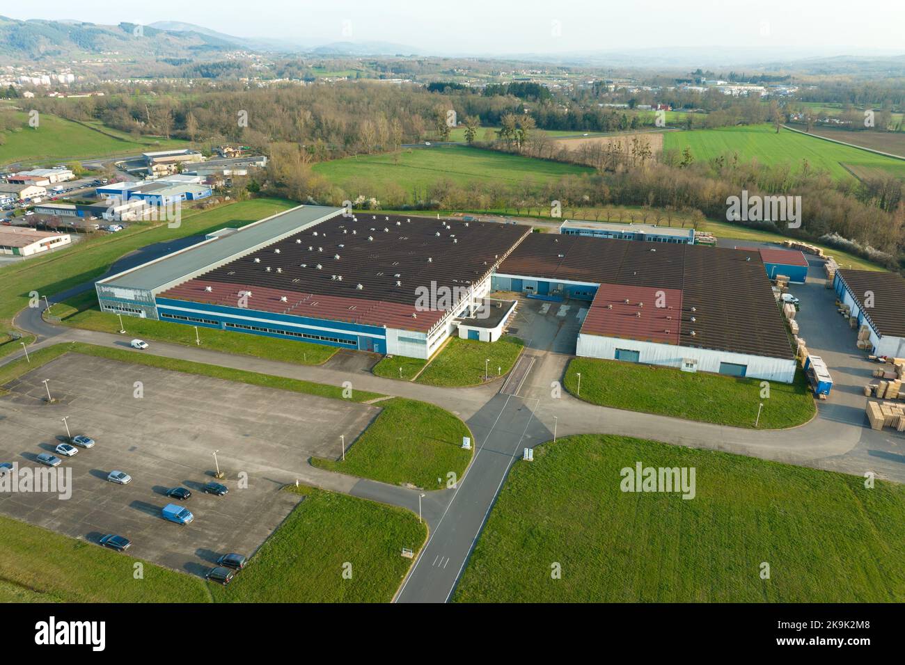 Aerial view of new factory building for producing and shipping of ...