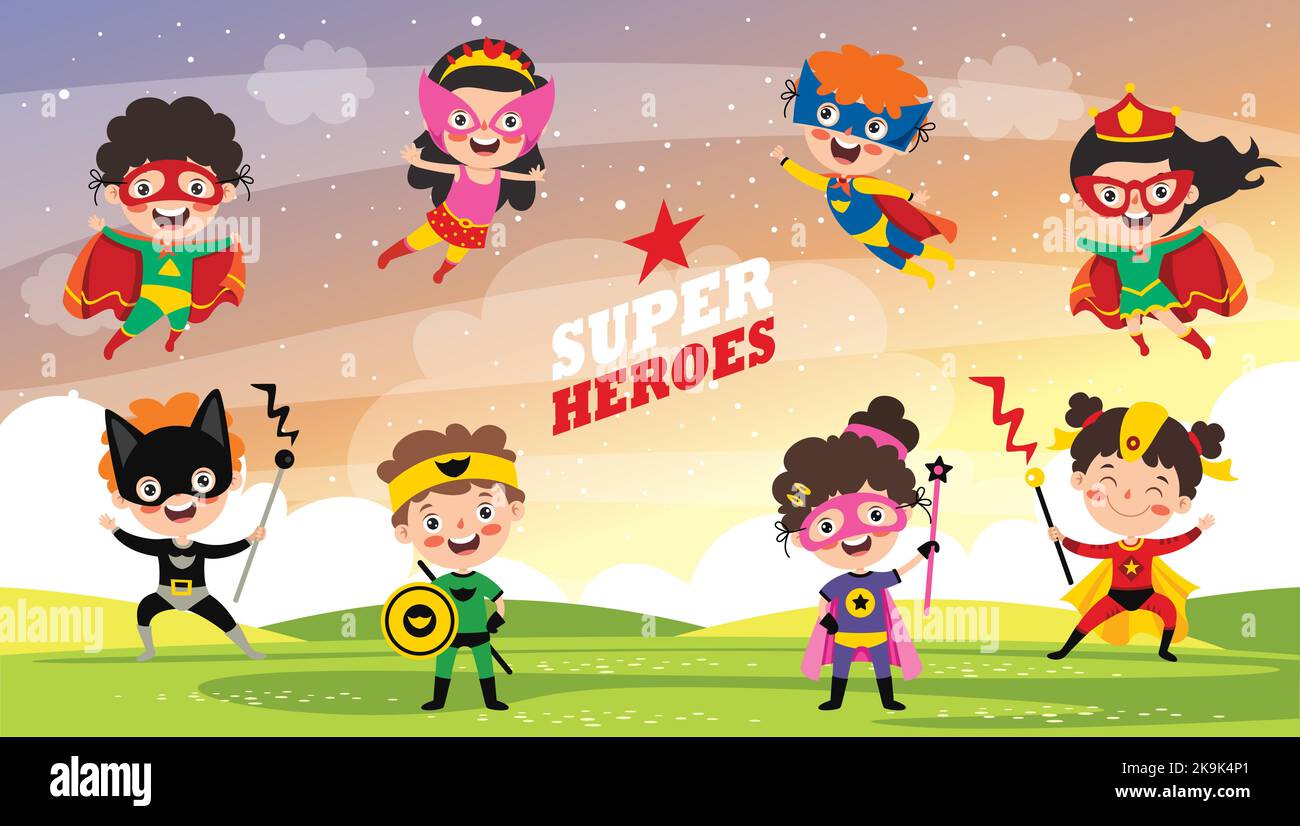 Little Funny Cartoon Superheroes Posing Stock Vector Image & Art - Alamy